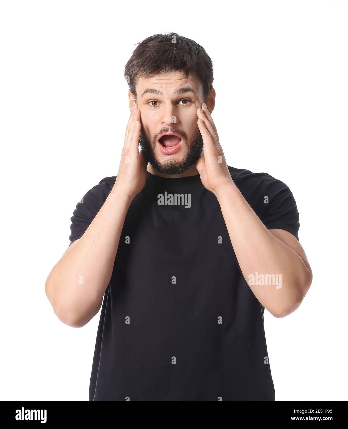 Portrait of surprised man on white background Stock Photo - Alamy