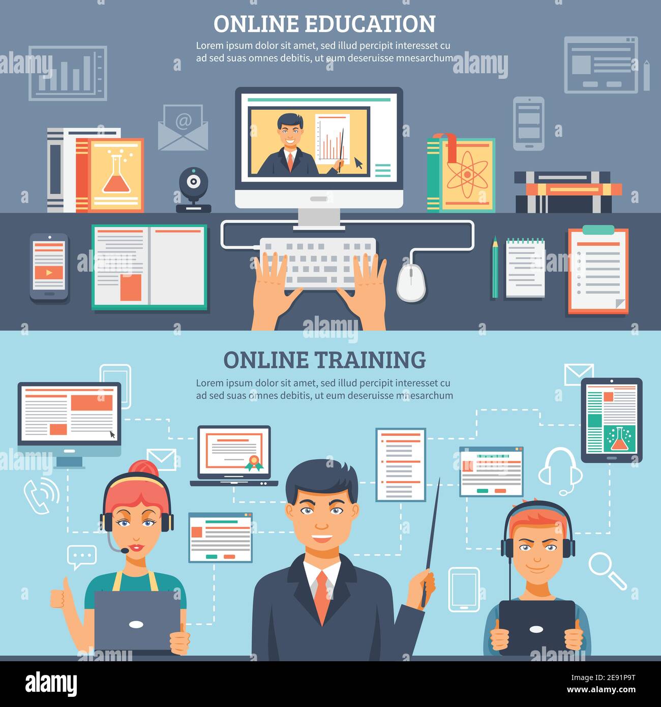 Two horizontal online education training banner set with online ...