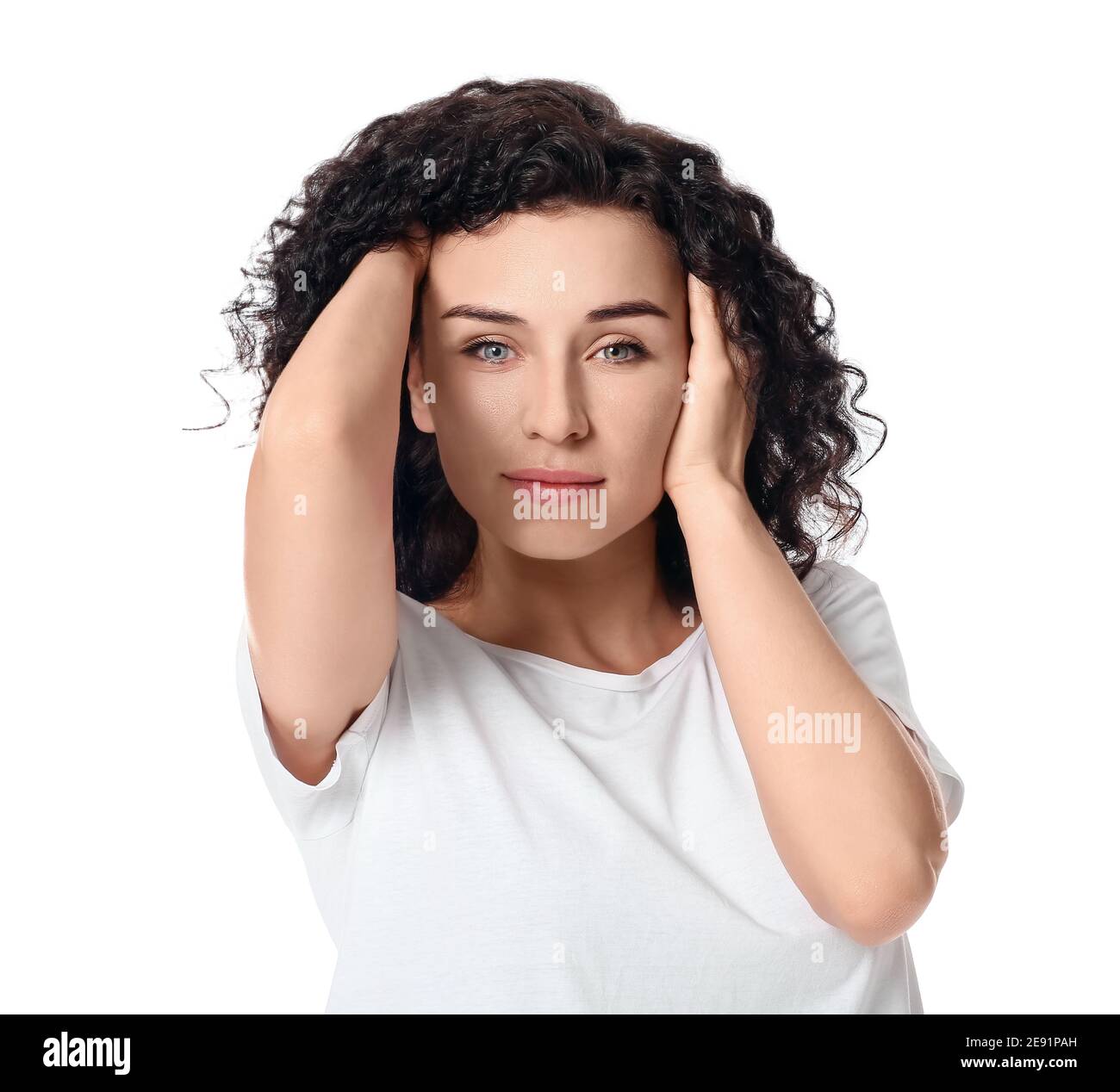 Portrait of young woman on white background Stock Photo - Alamy
