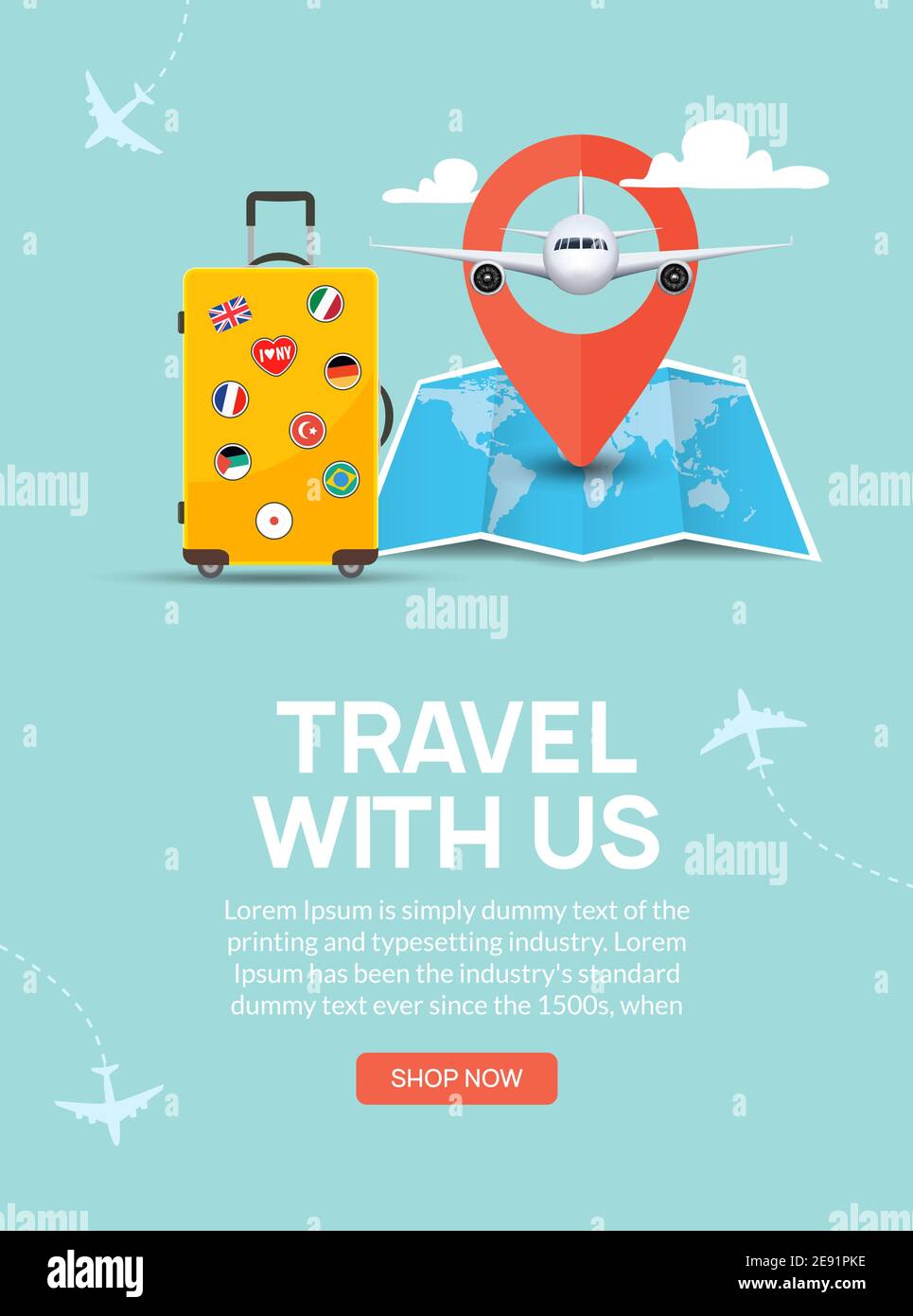 Travel tourism banner background. Luggage fun tour and bag, airplane ...