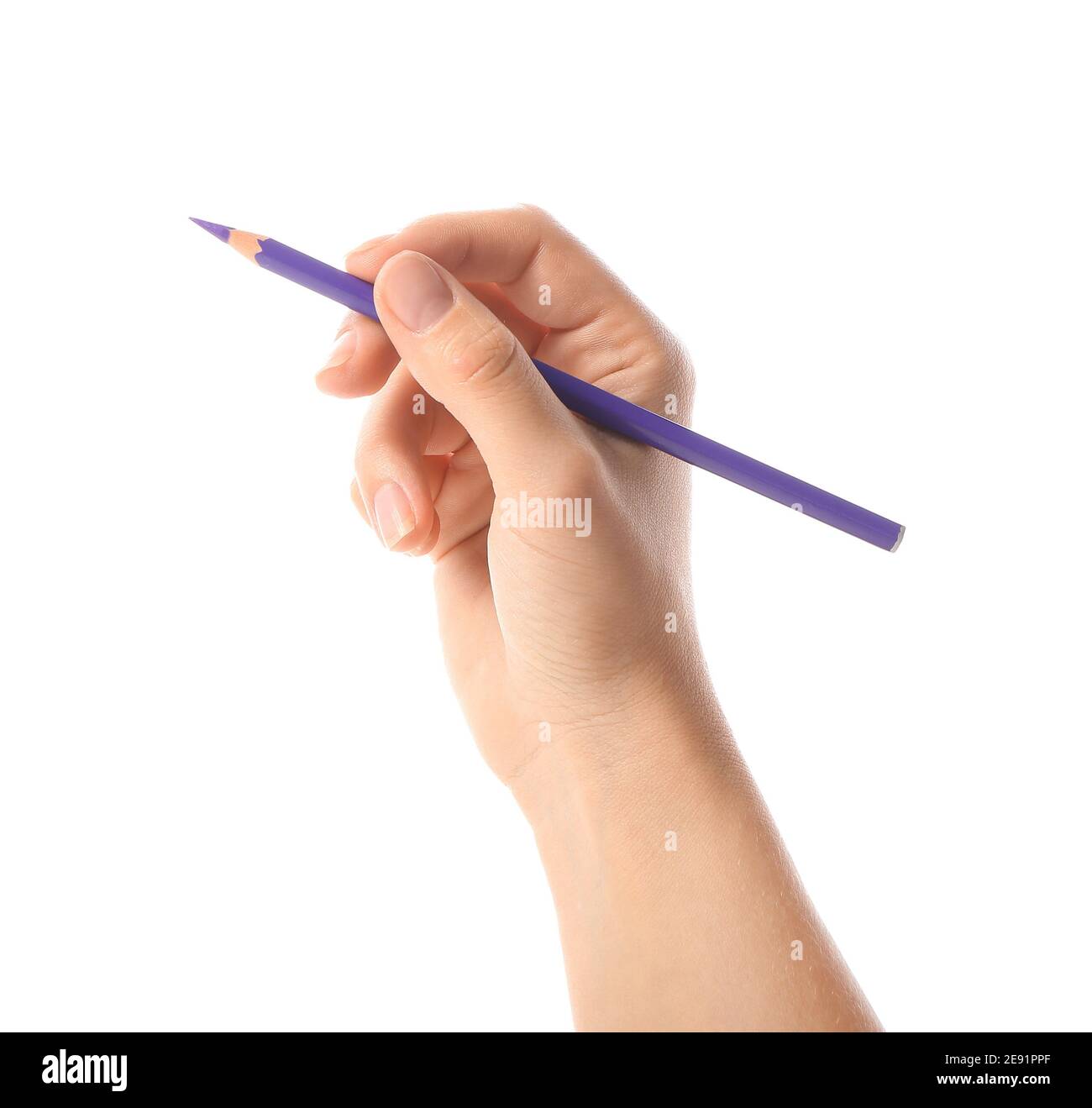 Female hand with color pencil on white background Stock Photo - Alamy