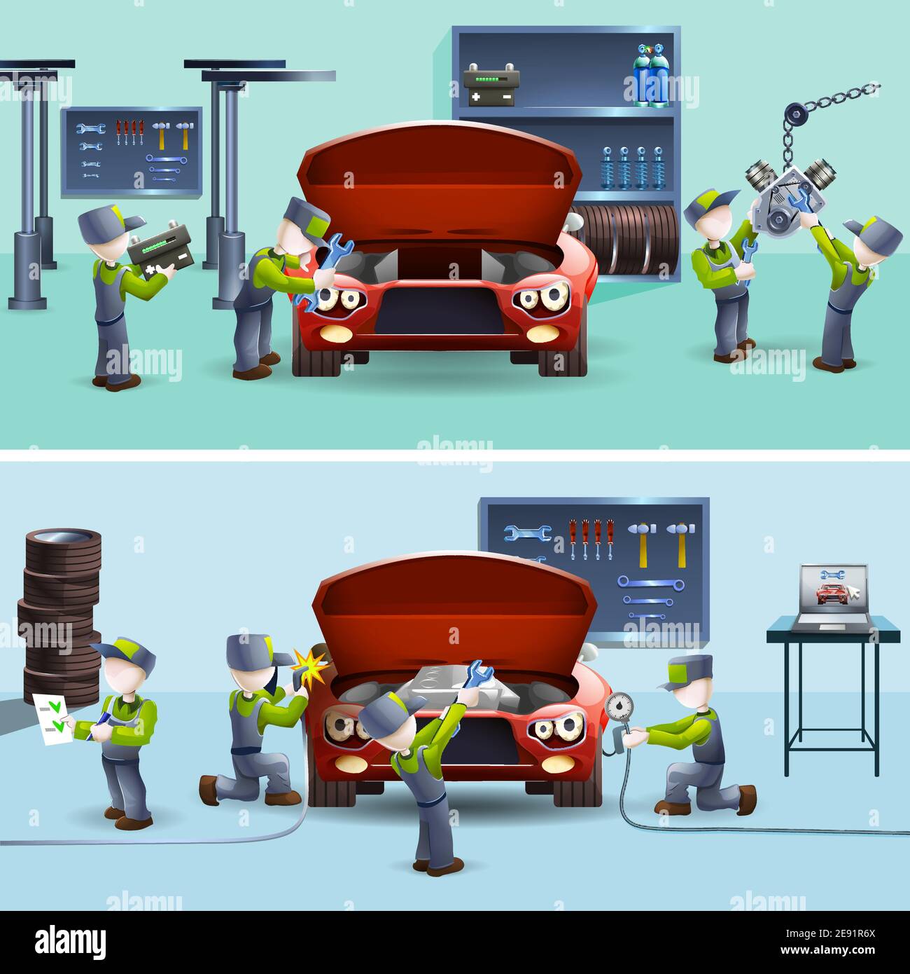 Auto service garage fast reliable teamwork two flat banners set with ...