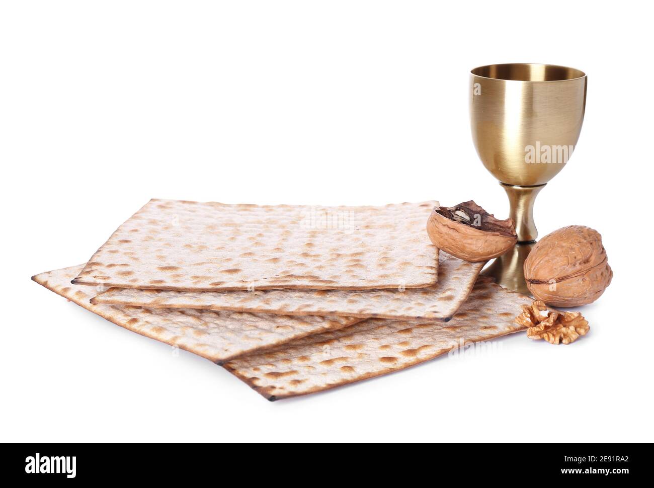 Composition with Jewish flatbread matza for Passover on white ...