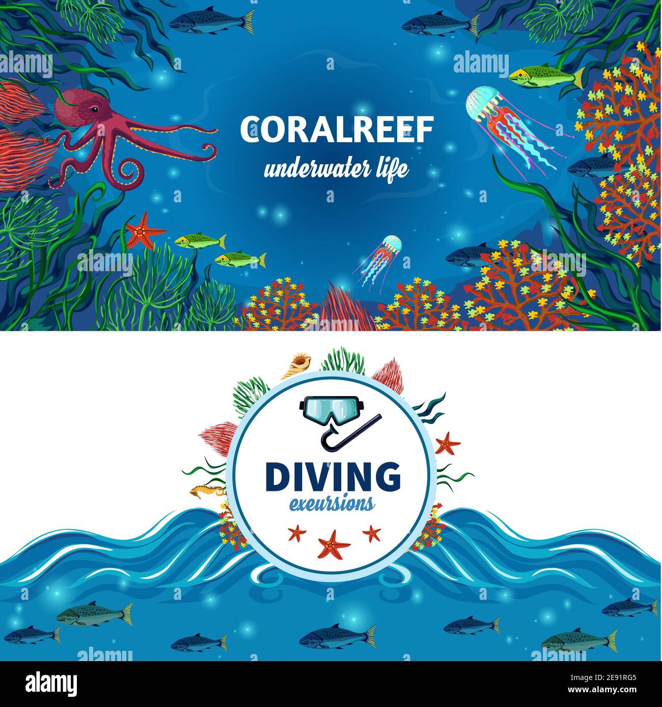 Sea life horizontal banners with colorful image of coral reefs exotic ...