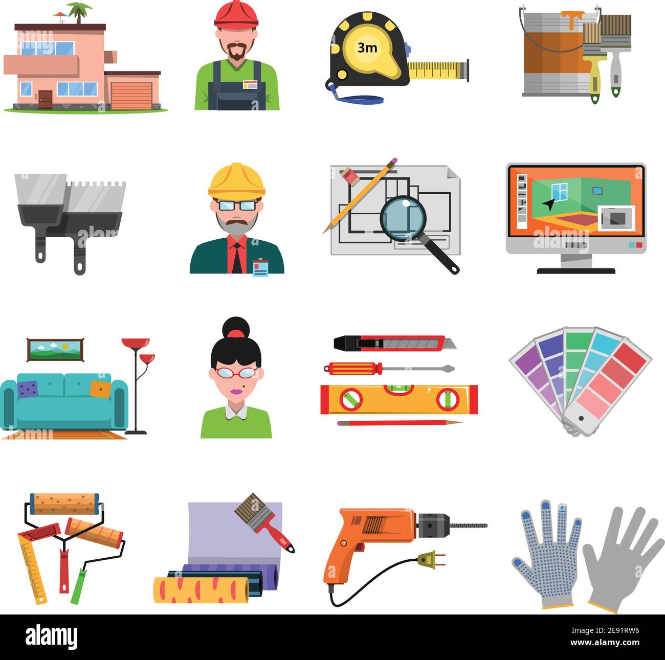 Interior design flat icons with designer and architecture tools ...