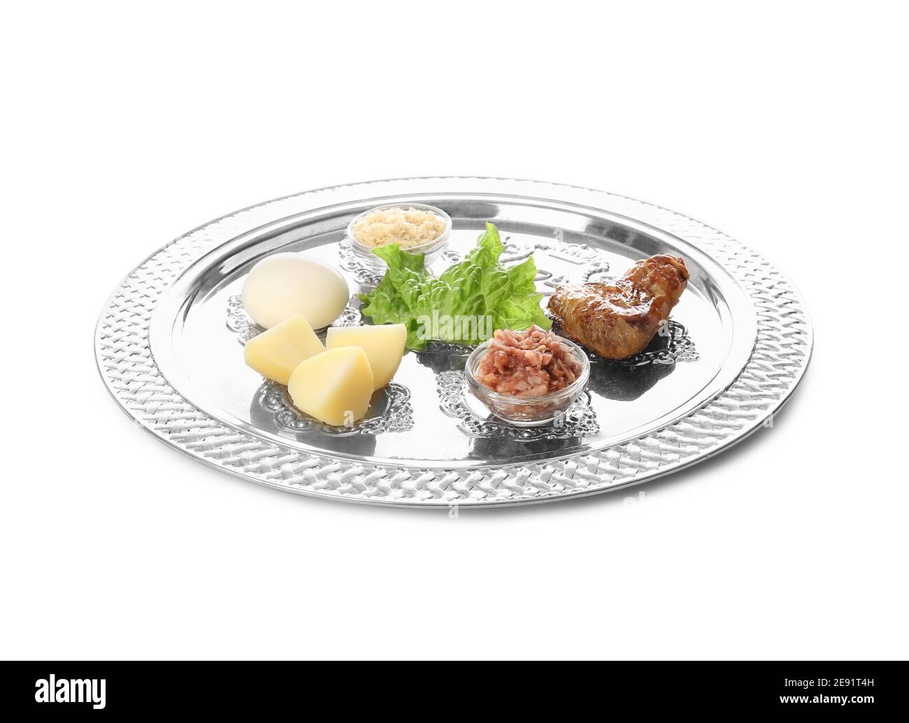 Passover Seder plate with traditional food on white background Stock ...