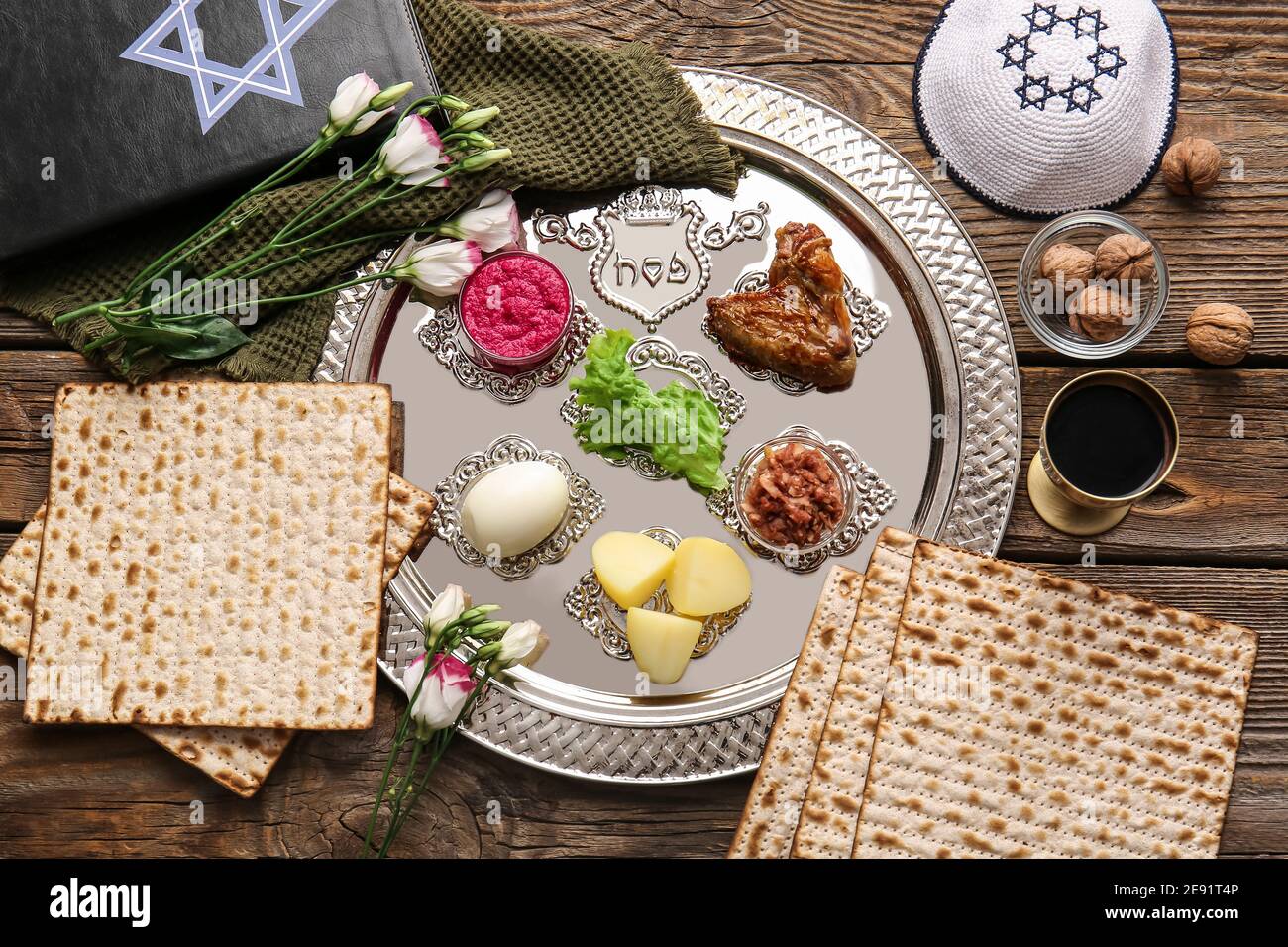 Passover Seder plate with traditional food on table Stock Photo - Alamy