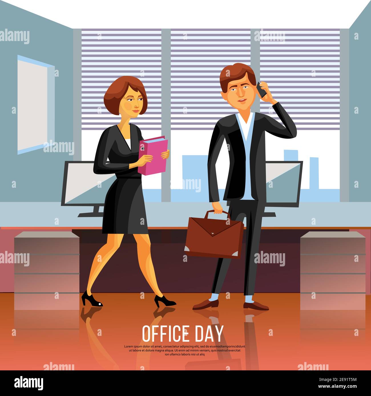 Cartoon style poster of business man and woman in black suit and dress ...