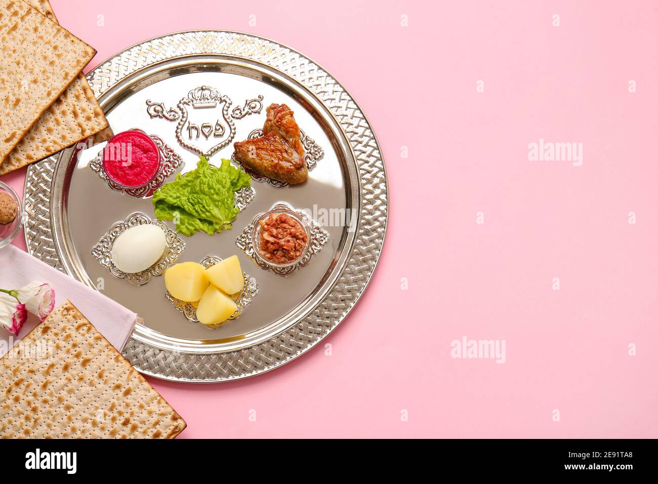 Passover Seder plate with traditional food on color background Stock ...