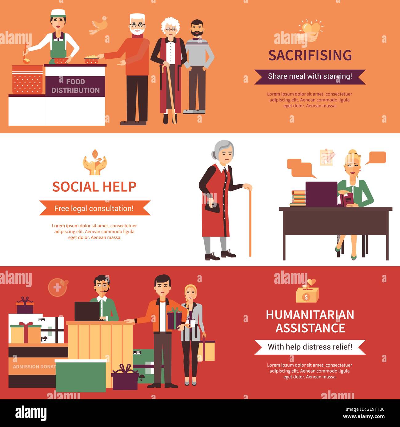 Volunteers people banners set of food distribution social help with ...