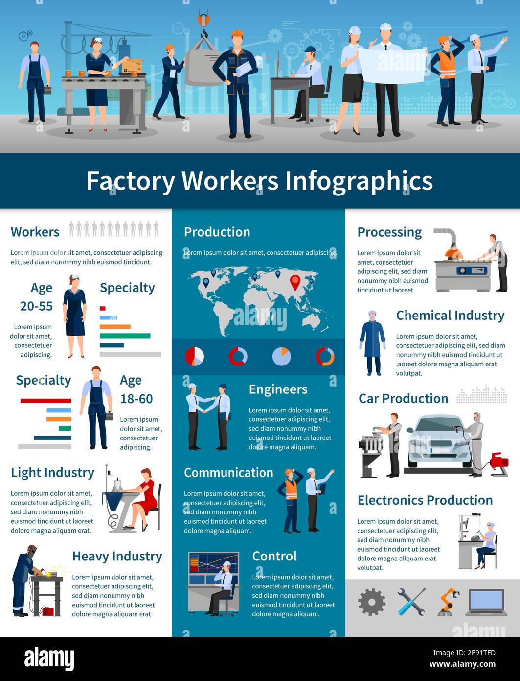 Factory workers infographics poster presenting statistics and structure ...