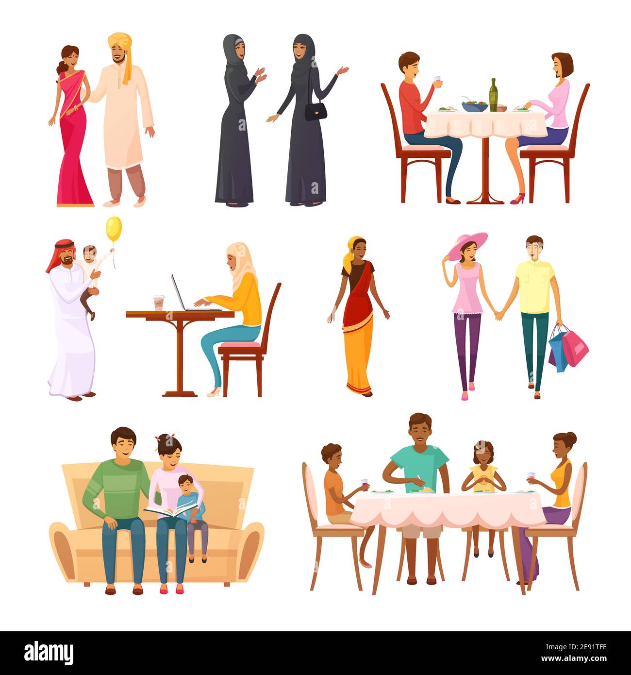 Eastern people decorative icons set of woman and man with children in ...