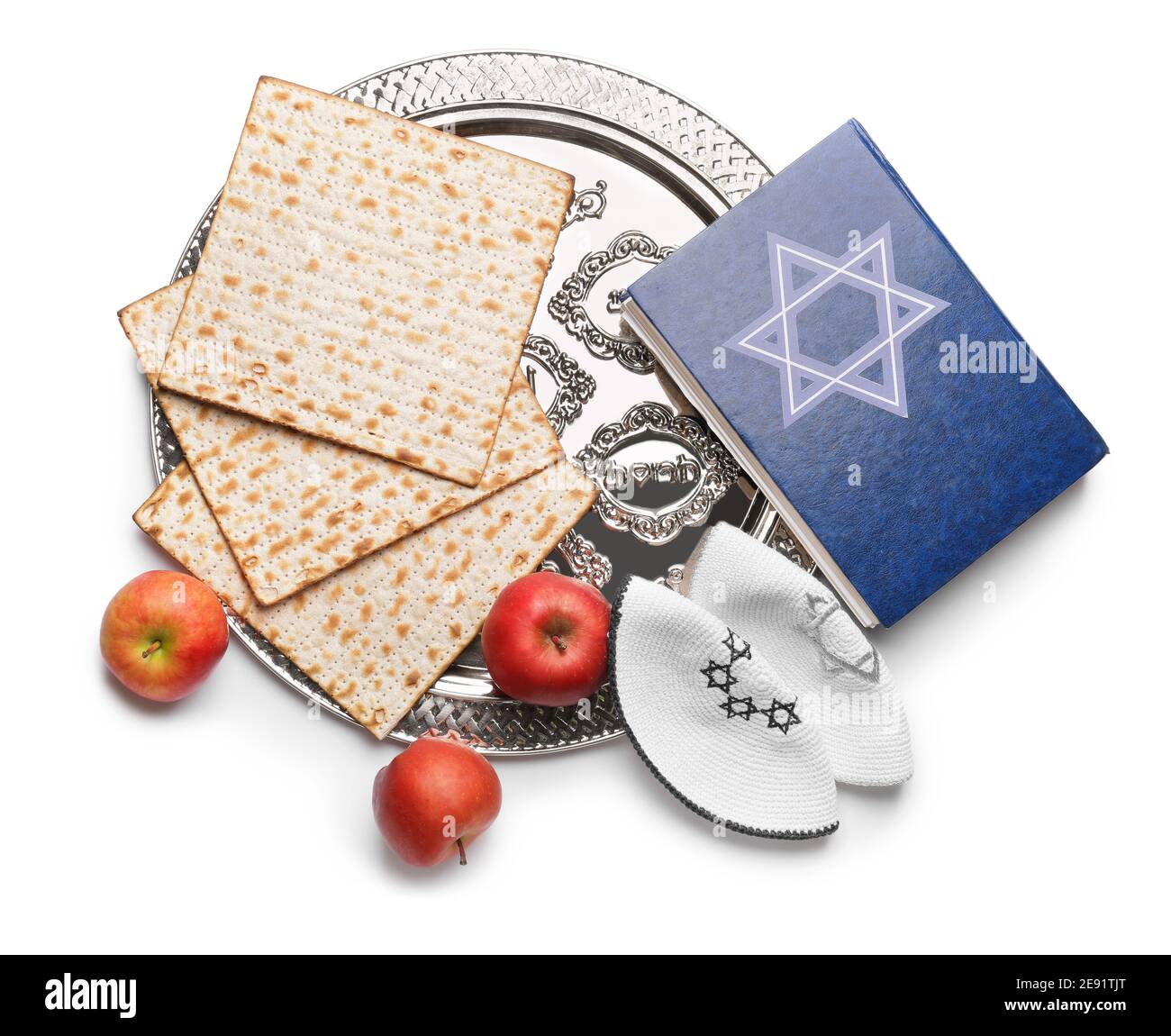 Composition with Passover Seder plate on white background Stock Photo ...