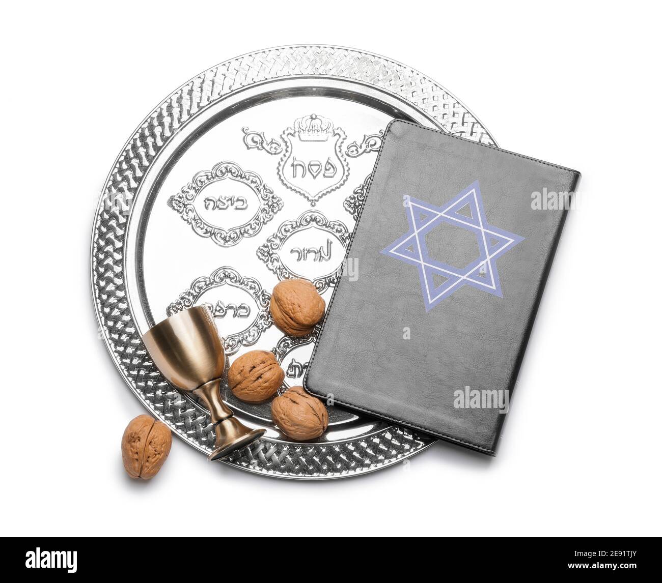 Composition with Passover Seder plate on white background Stock Photo ...