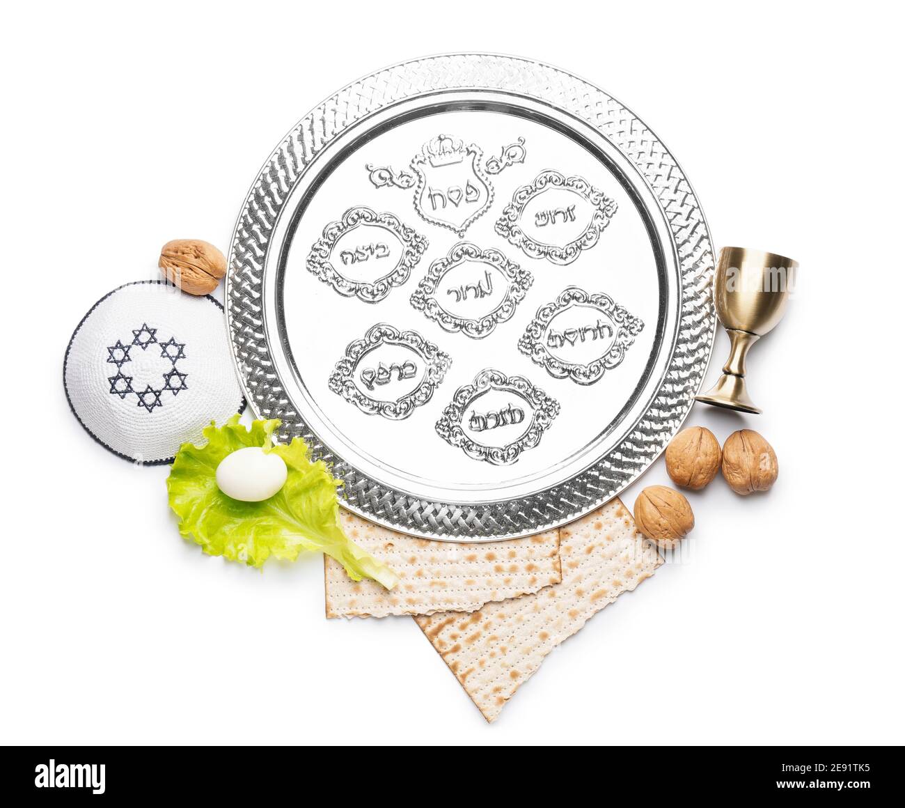 Composition with Passover Seder plate on white background Stock Photo ...