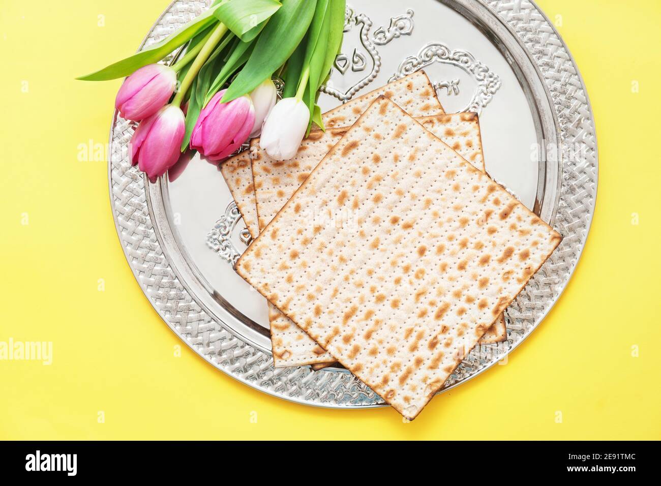 Composition with Passover Seder plate on color background Stock Photo ...