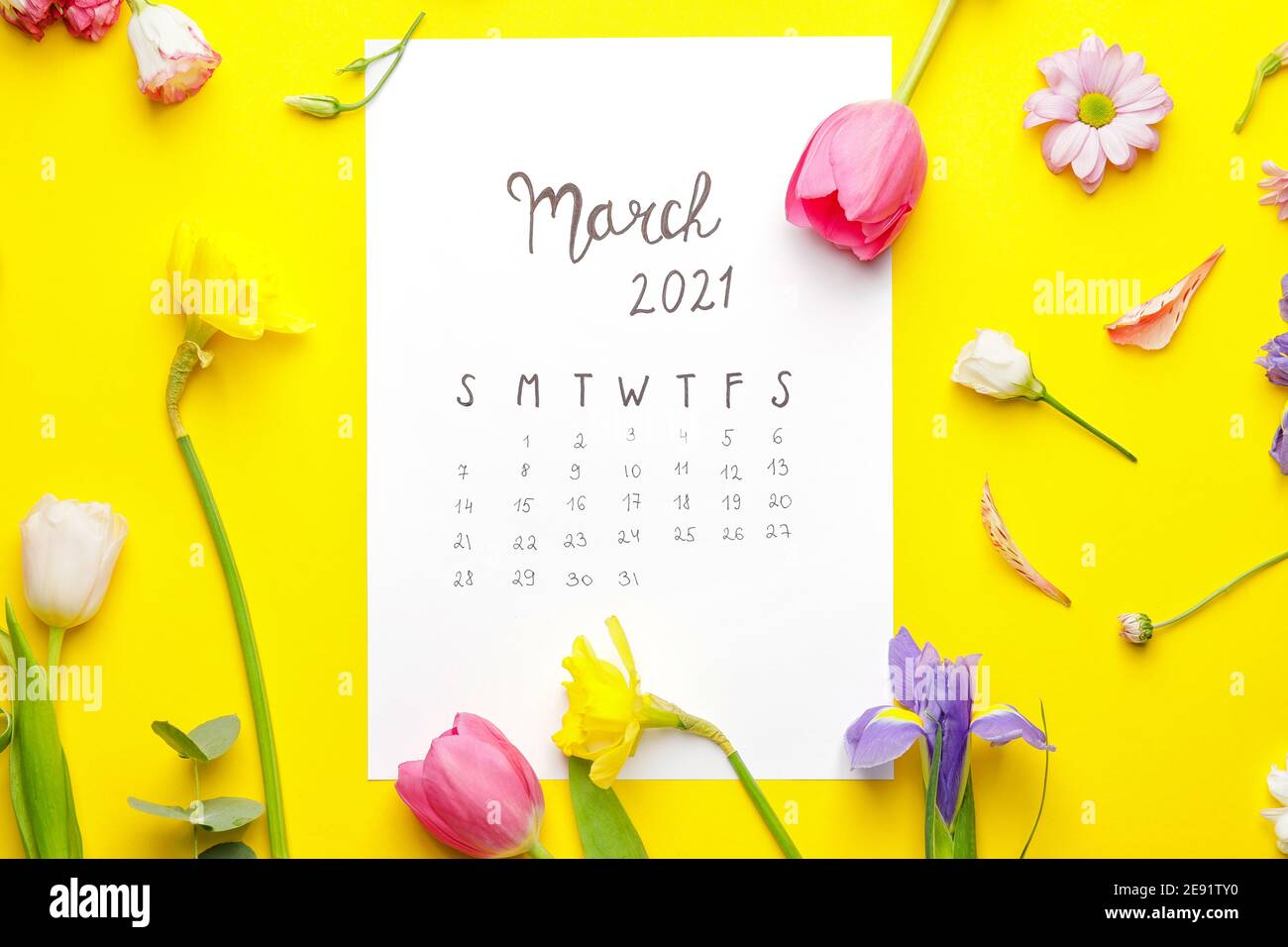 Beautiful spring flowers and calendar on color background Stock Photo ...