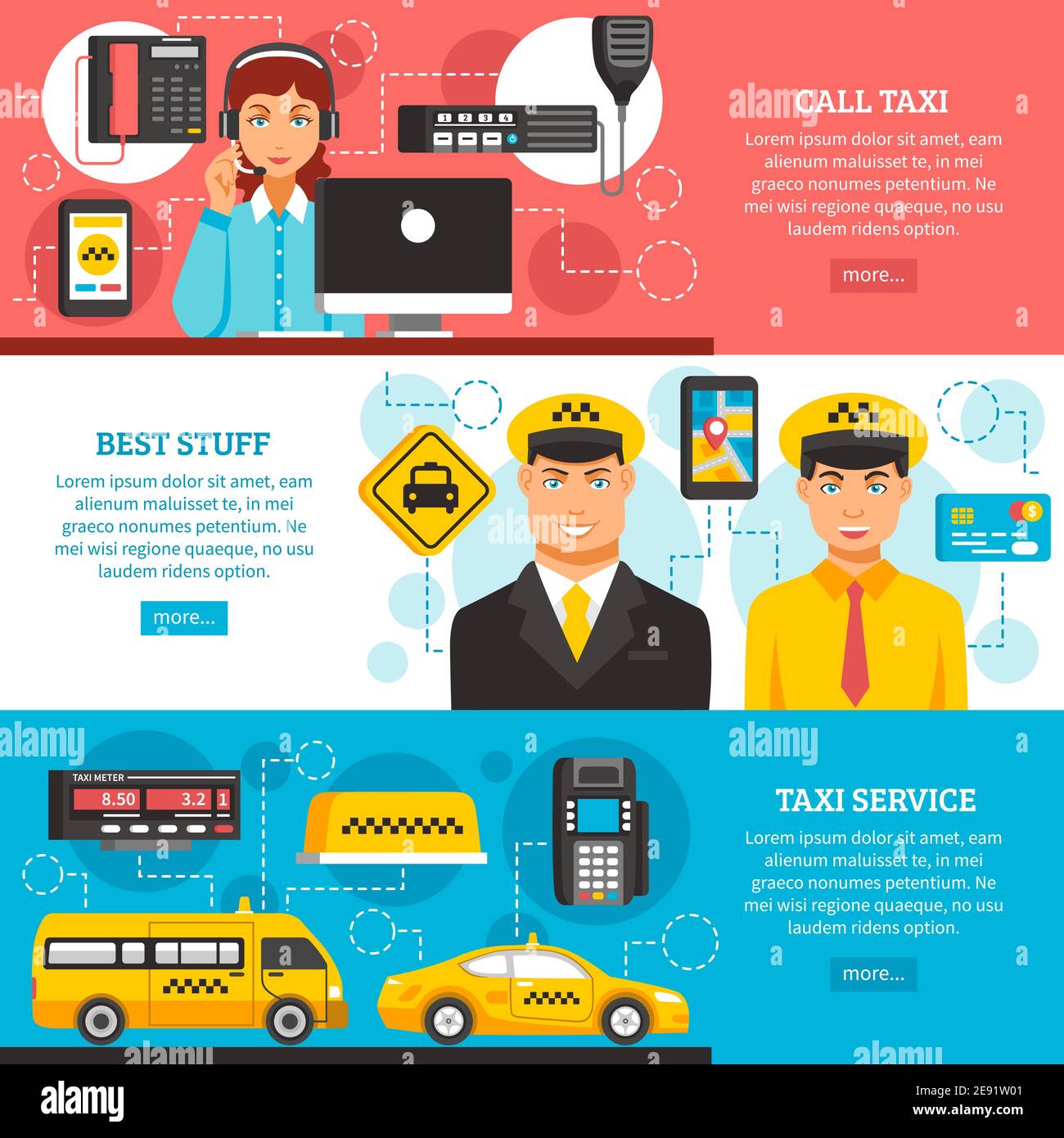 Three different colored taxi service banner set with descriptions of ...