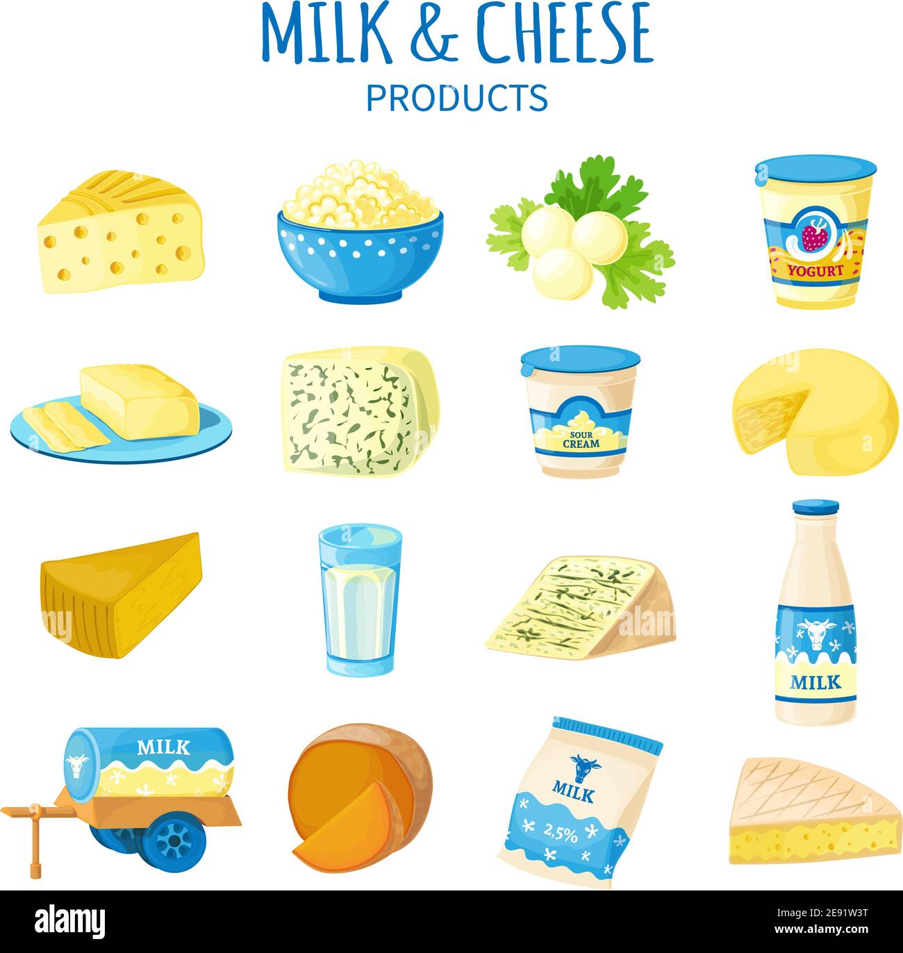 Color icons set of dairy products with cheese butter curd yogurt sour ...