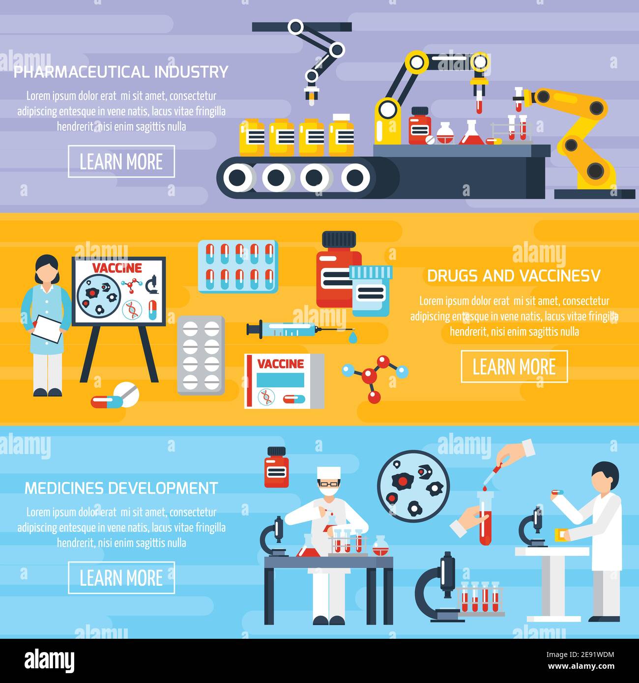 Pharmaceutical production horizontal banners set with drugs and ...