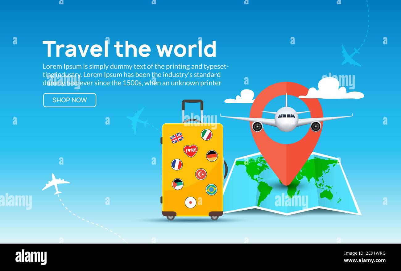 Travel tourism banner background. Luggage fun tour and bag, airplane ...