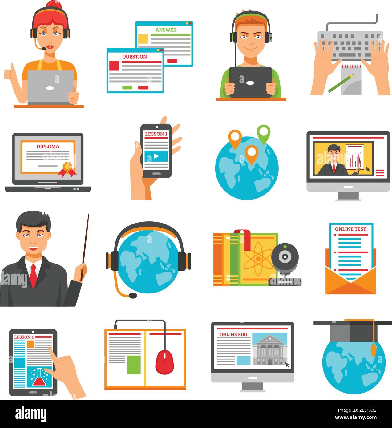 Online education decorative icon set of students with headphones at ...