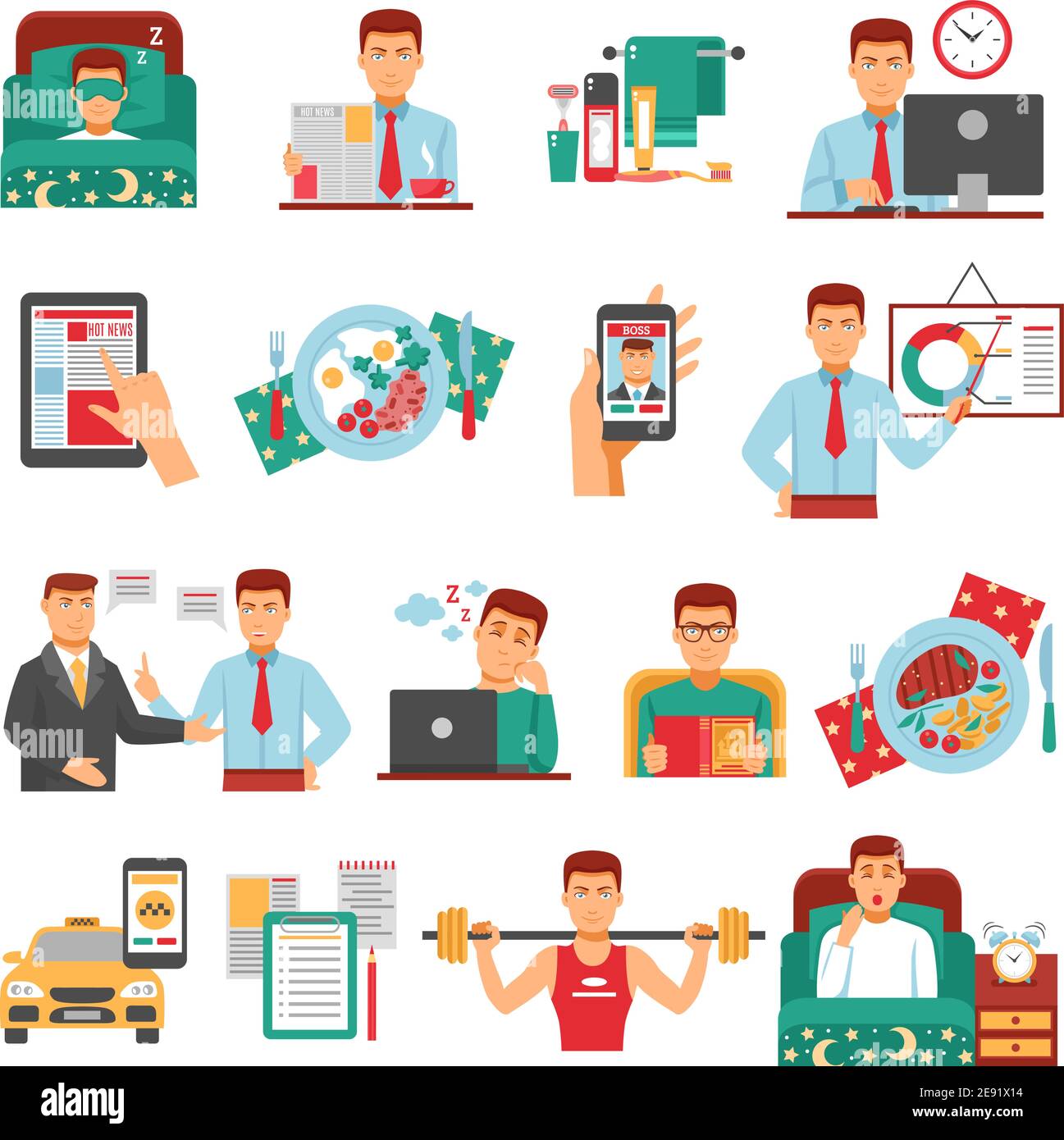 Man daily routine icon set with a busy man during the day dream sports ...