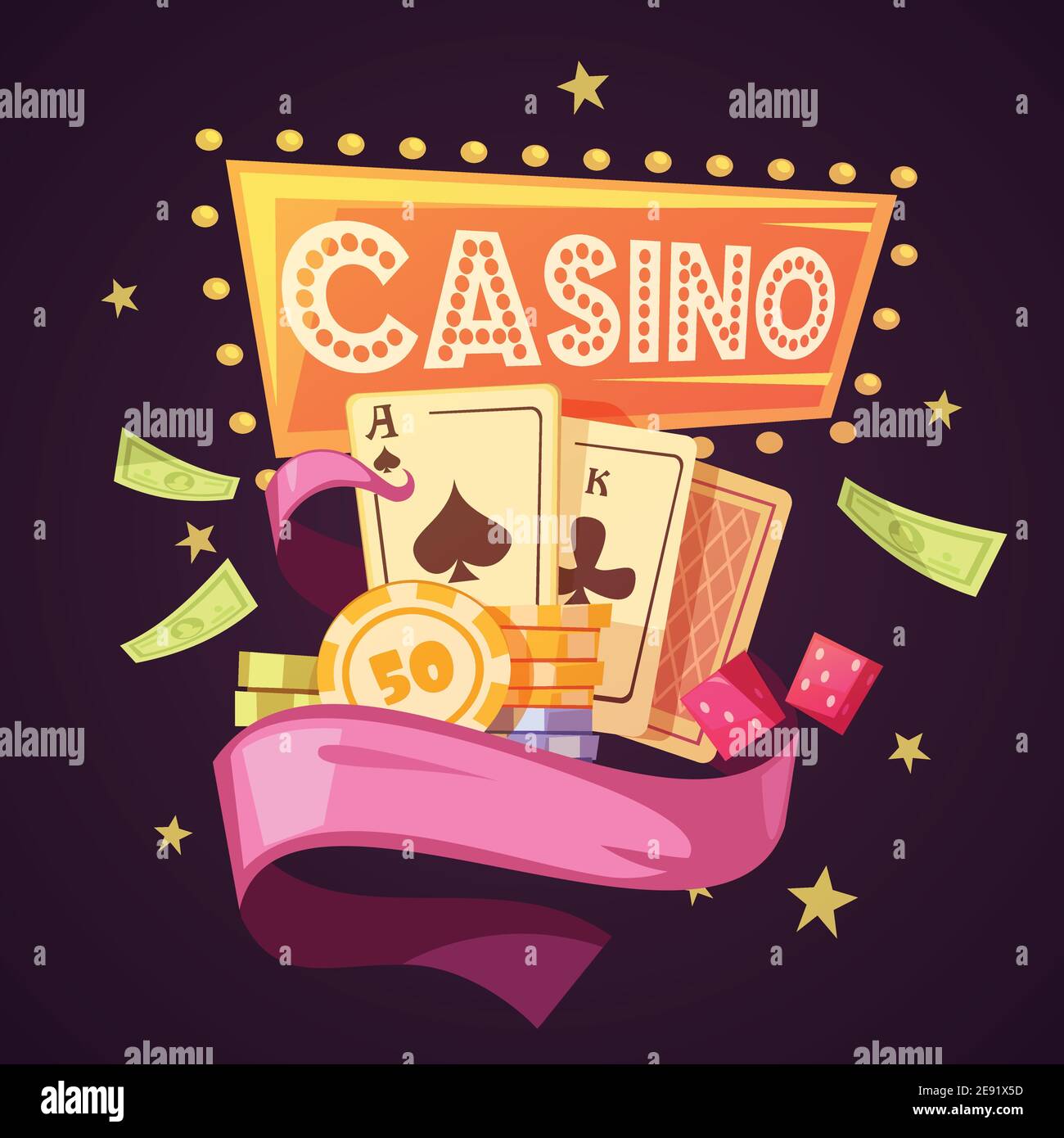 Sparkling casino with cards chips money dice and pink ribbon on purple ...
