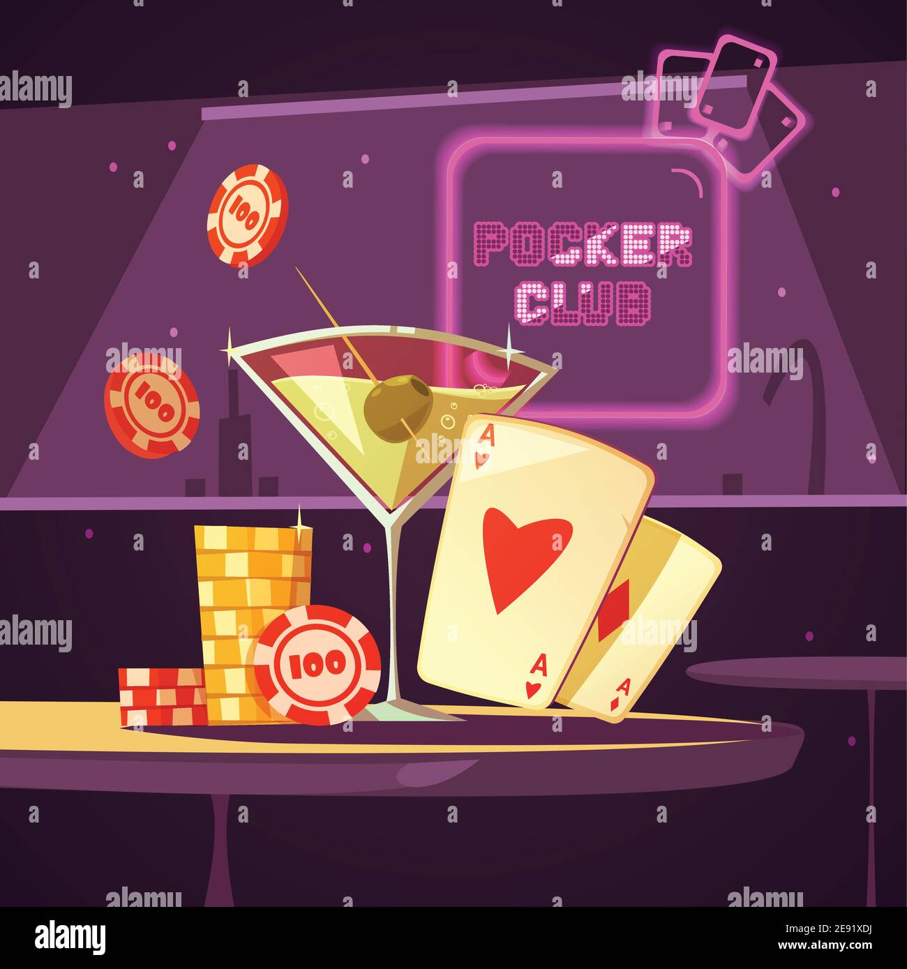 Sparkling casino poker club with cards cocktail and chips on table in ...
