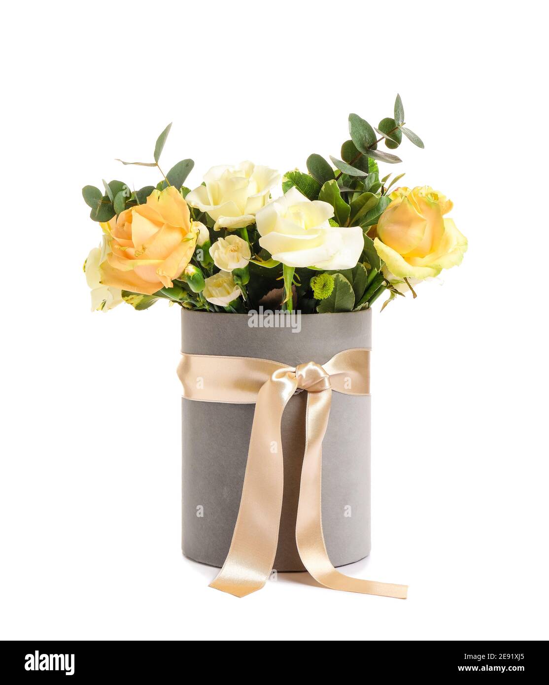 Gift box with beautiful flowers on white background Stock Photo - Alamy
