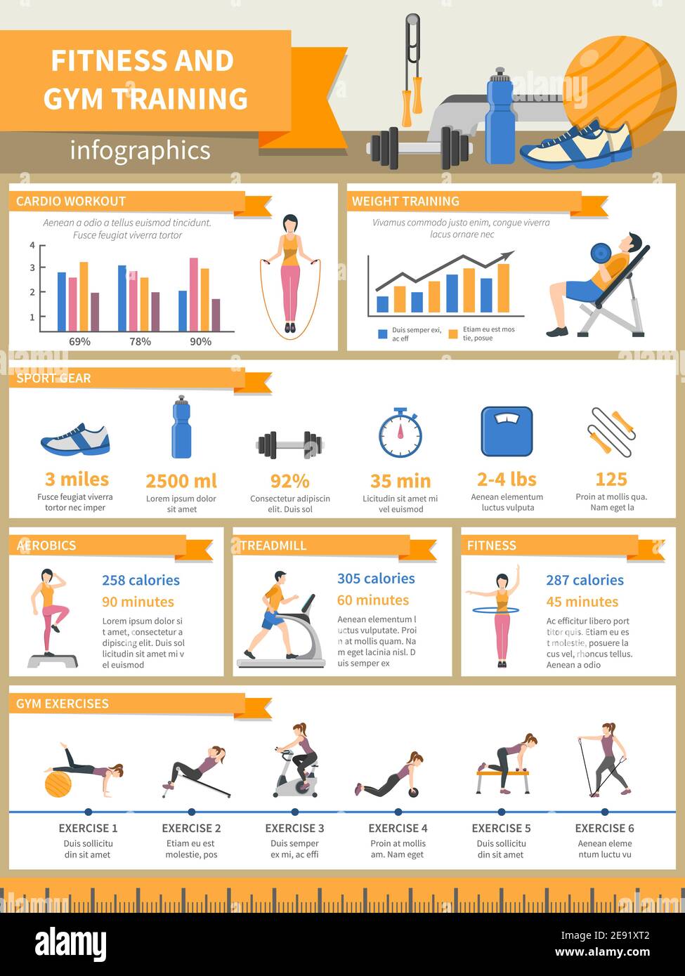 Fitness and gym training infographics presenting sport gear and ...