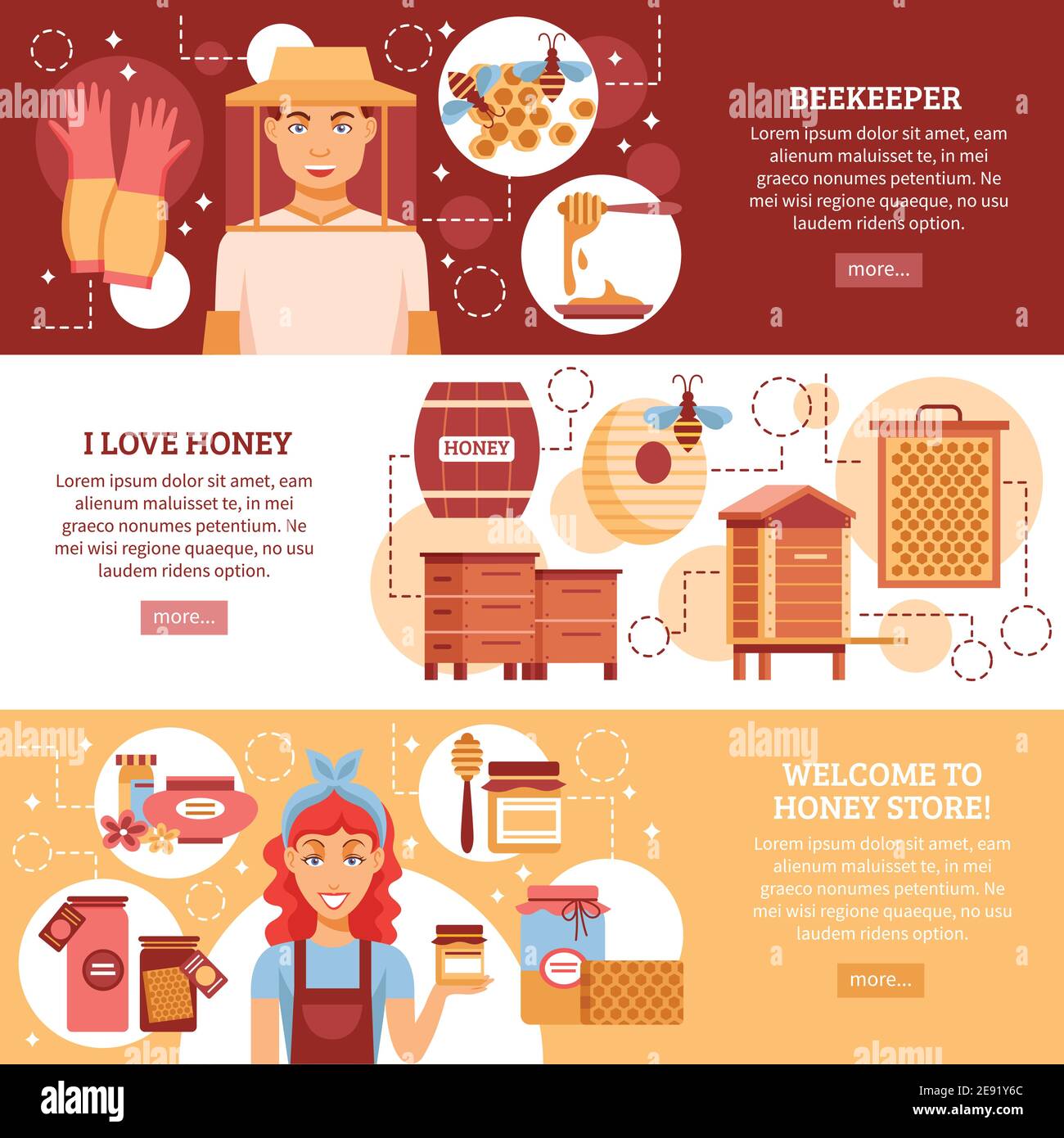 Three horizontal colored beekeeping banner set with descriptions of I ...