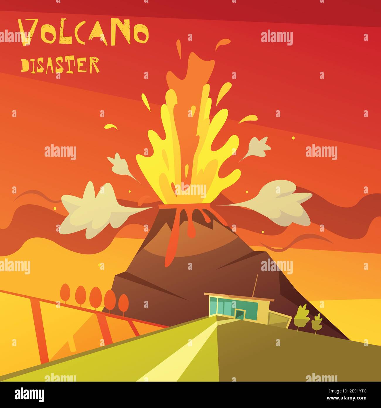 Color cartoon illustration volcano disaster depicting lava rising from ...