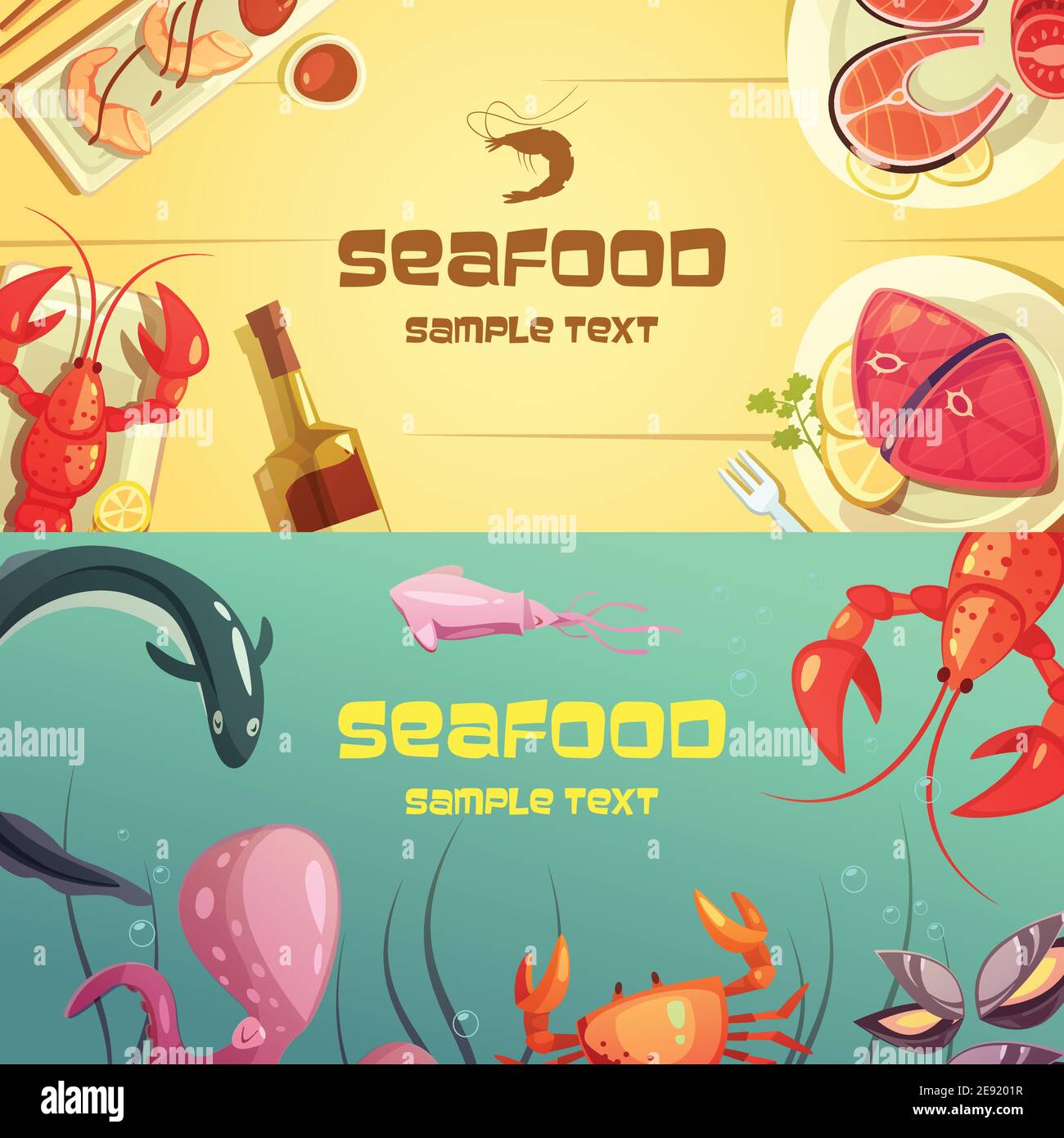 Horizontal color banners with title depicting seafood lobster crab ...