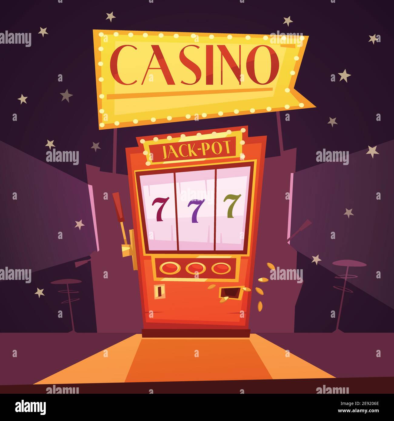 Sparkling casino with jackpot slot machine flat retro cartoon vector ...