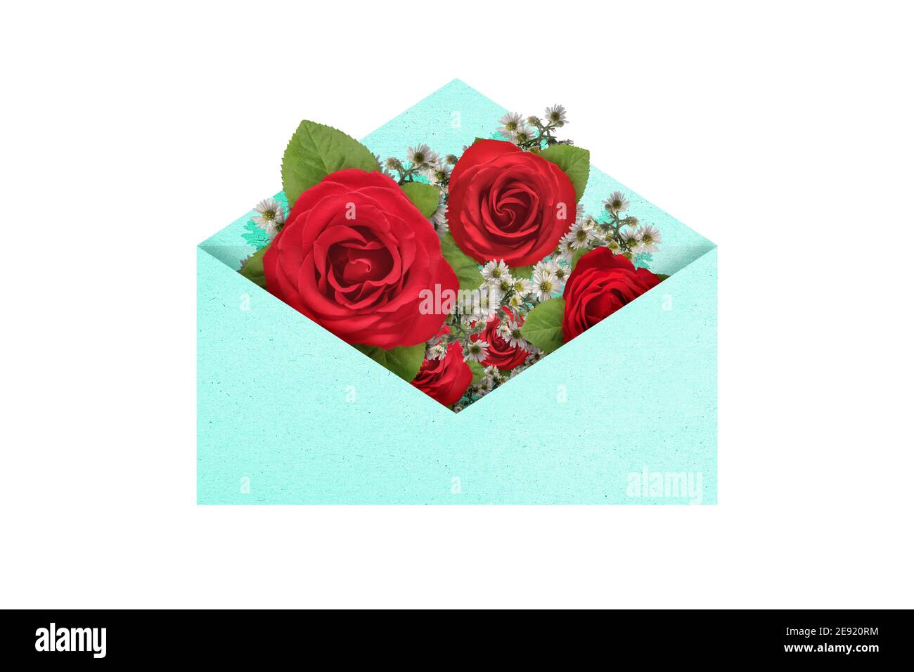 Opened blue envelope with red rose flower isolated over white ...