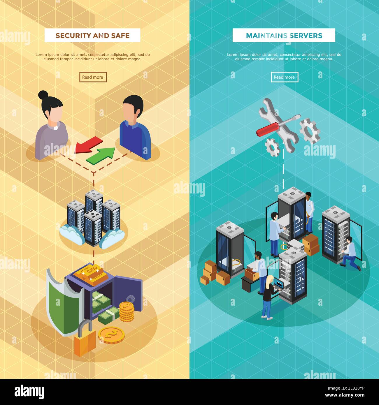 Two datacenter isometric vertical banners with server hardware and technical staff supporting ...