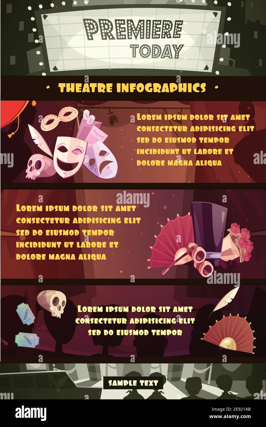 Color cartoon infographic depicting theatre props equipment audience ...