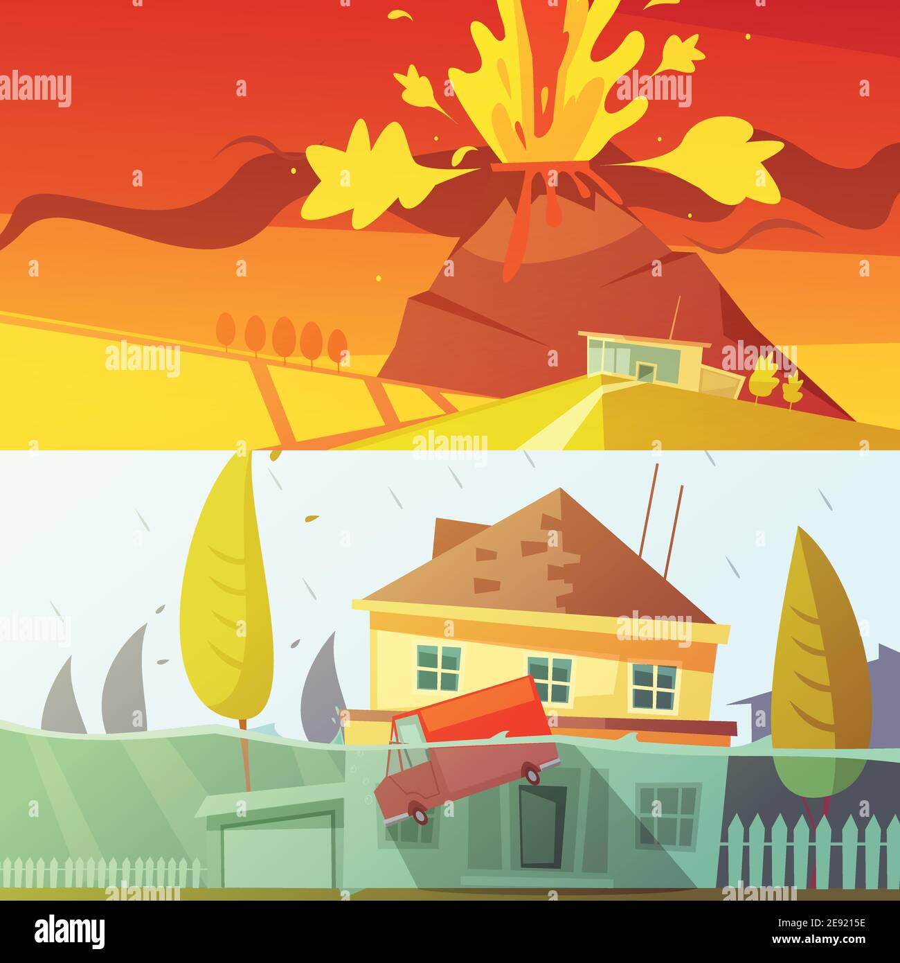 Color cartoon horizontal banners depicting natural disaster flood and ...