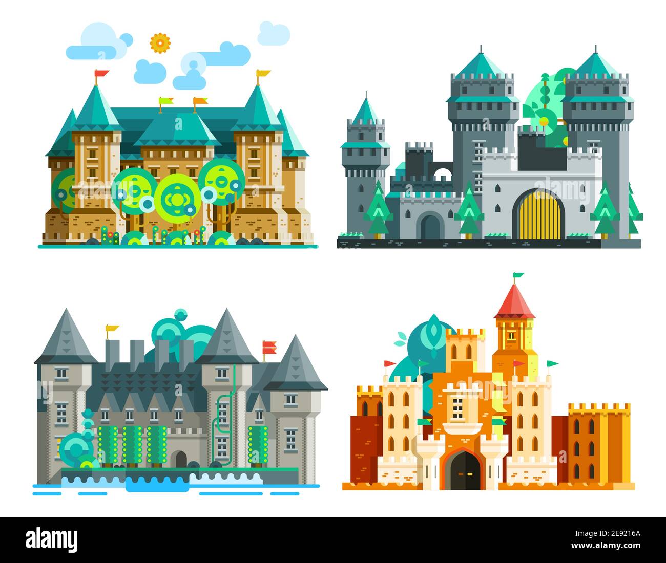 Colorful castles set of medieval era with towers and domes in flat ...