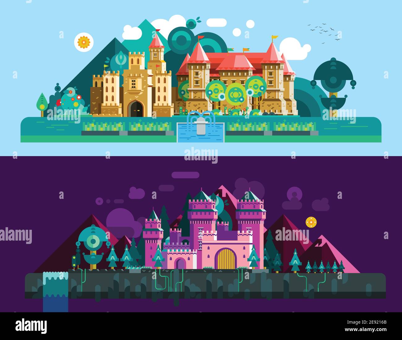 Castles horizontal banners with colorful antique palace and mansion in ...