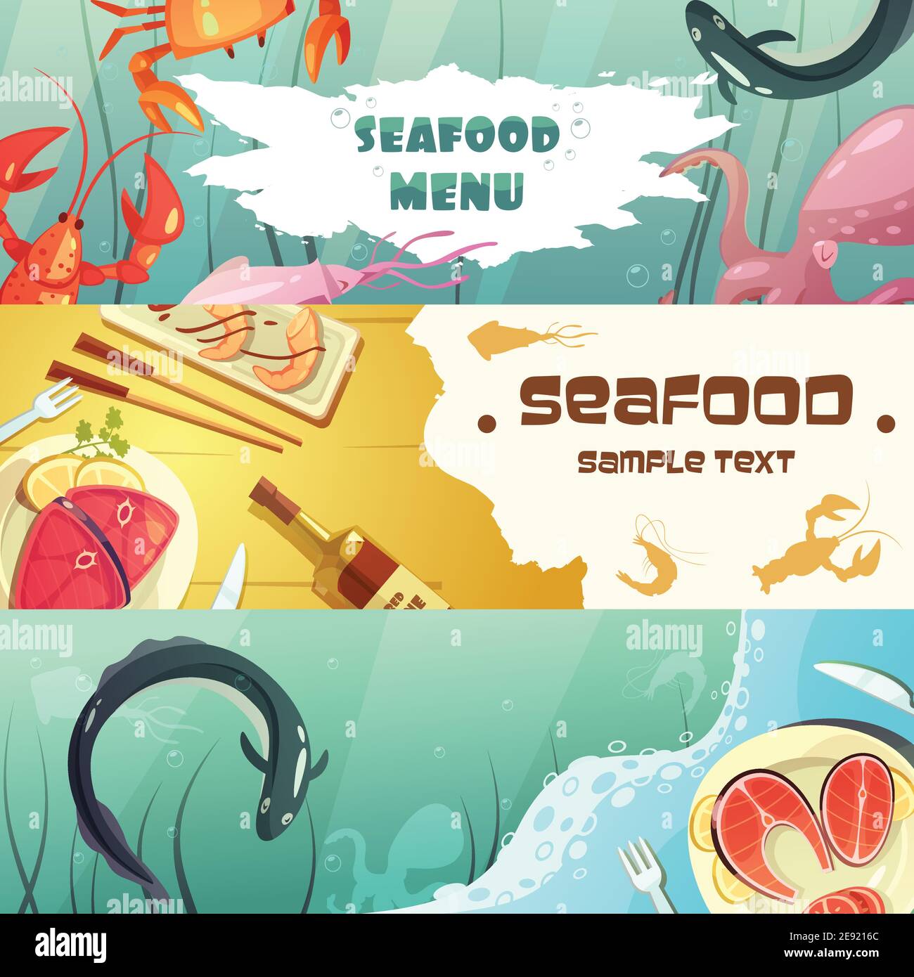 Color horizontal banners seafood menu with title depicting sea ...