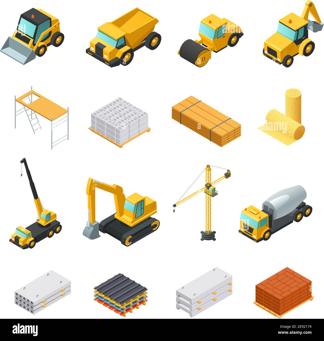 Colorful isometric construction icons set with various materials and ...