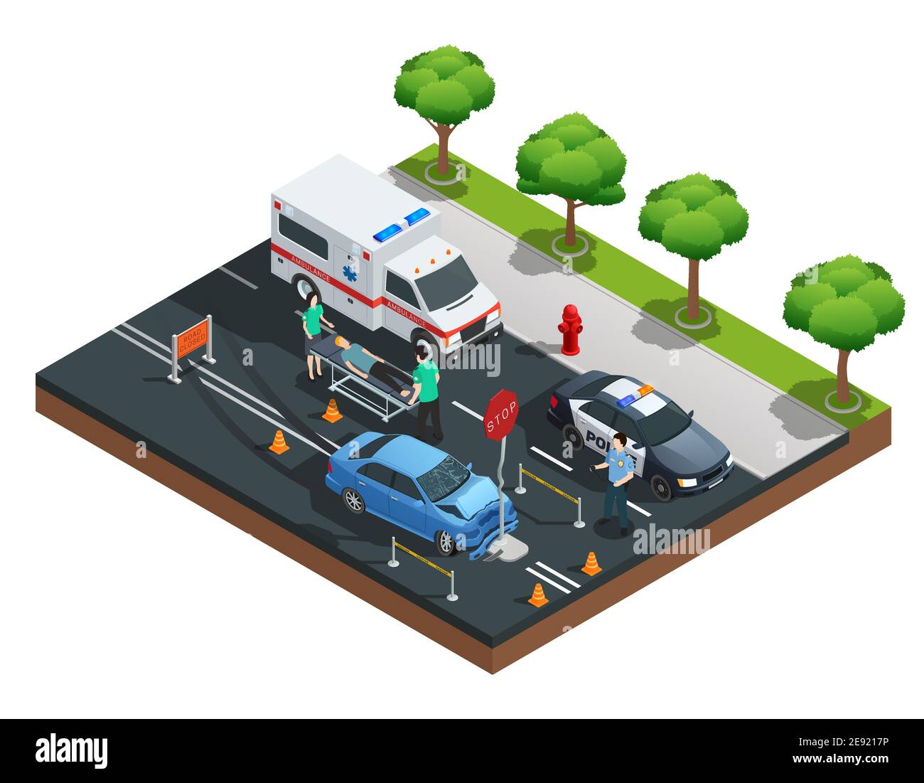 Isometric road accident composition with car bumped into traffic sign ...