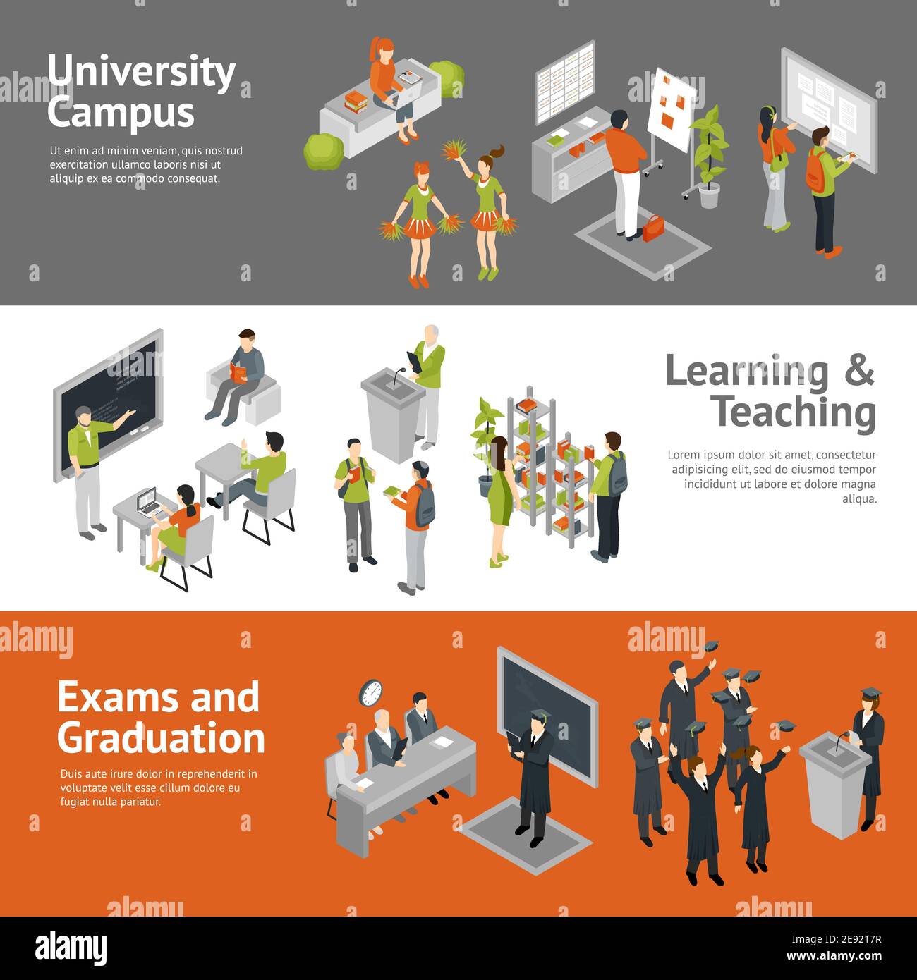 Horizontal college university isometric banners depicting process of ...