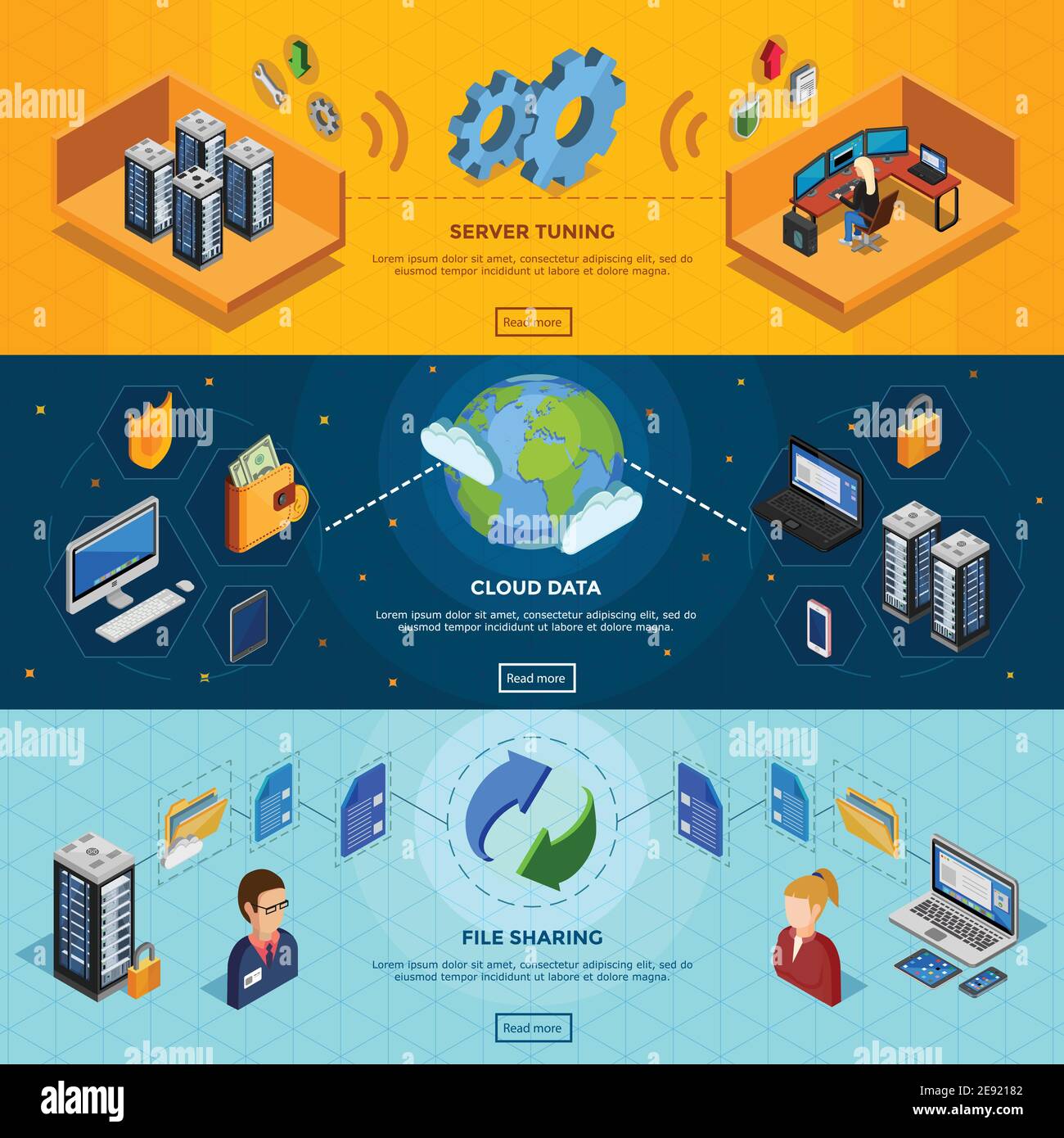 Datacenter isometric three horizontal banners with server tuning cloud ...