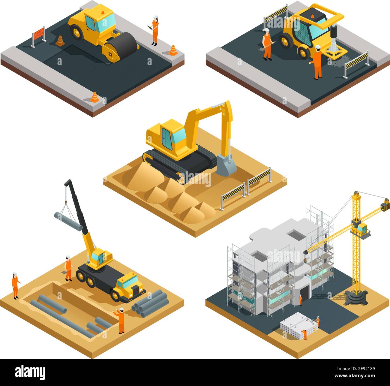 Isometric building and road construction compositions set with ...