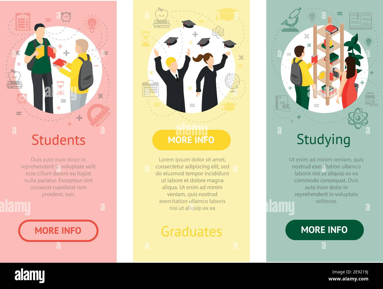 College university isometric vertical banners with students graduates ...