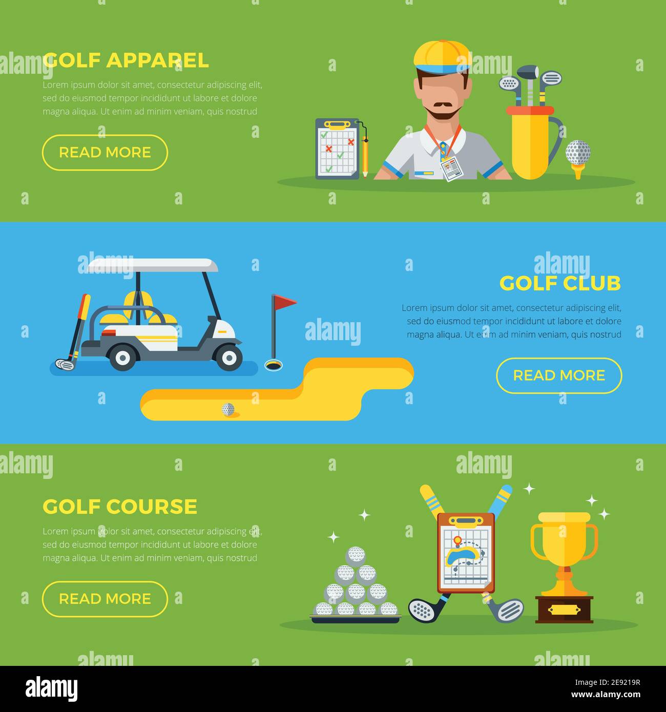 Horizontal green and blue golf club banners with golf car course hole ...