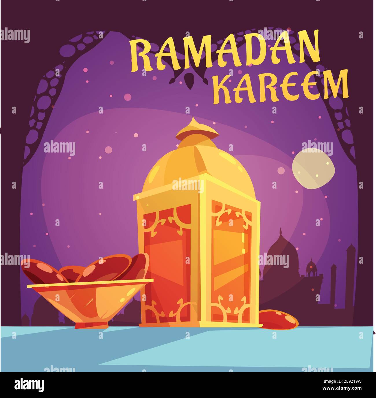 Color cartoon illustration with purple background depicting ramadan ...